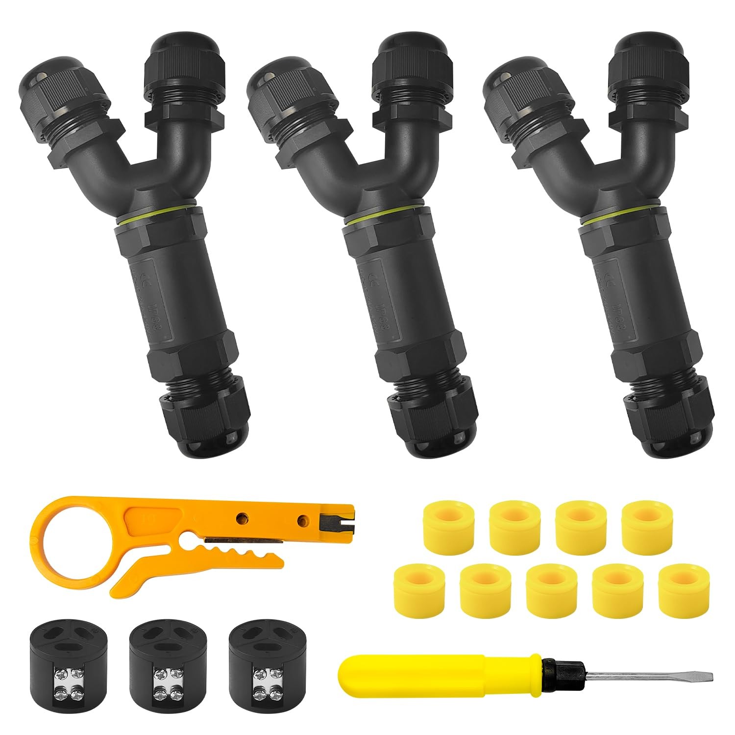17-Piece Waterproof Cable Connector Set, 3-Pin 3-Way Cable Connector ...