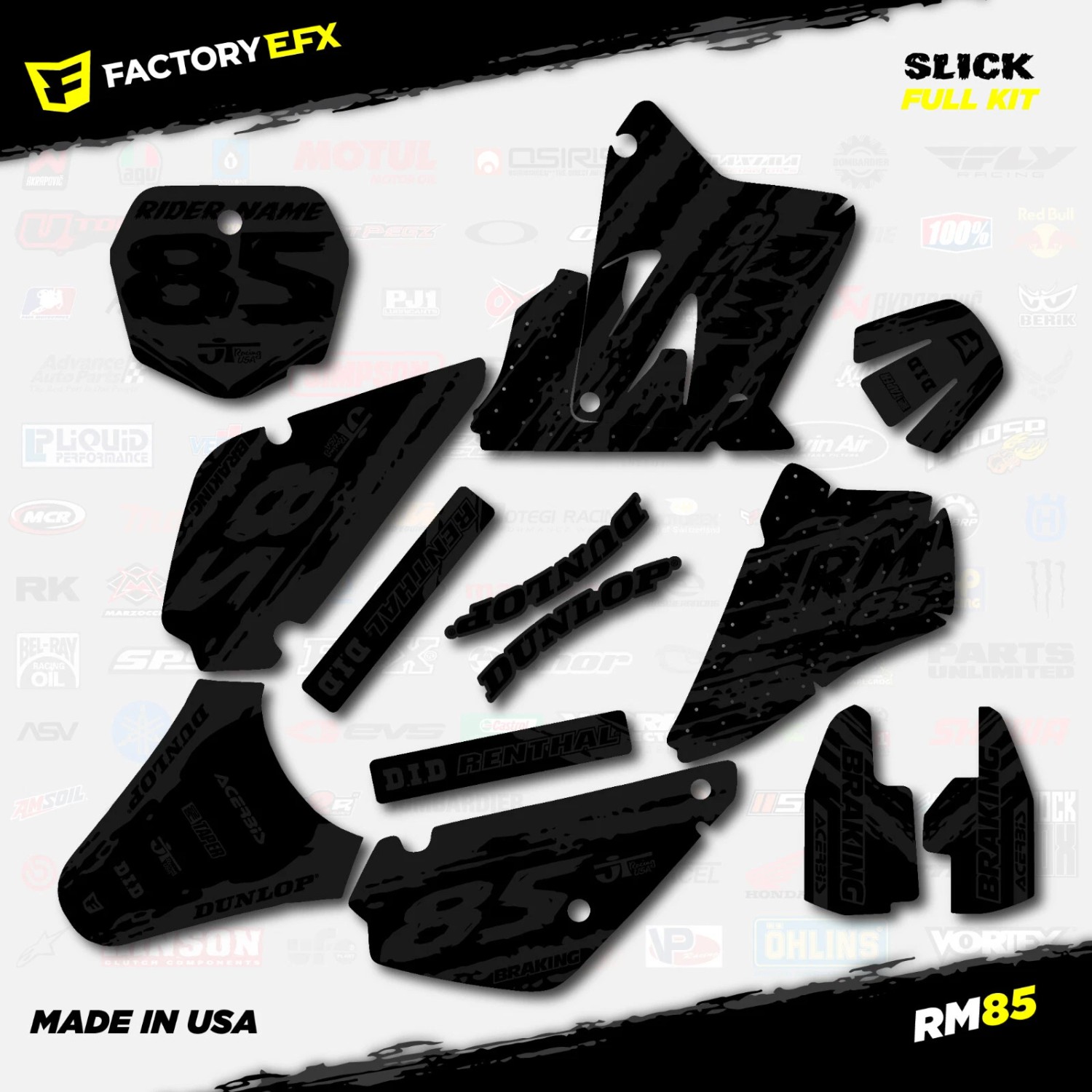 Factory EFX Blackout Slick Racing Graphics Kit fits Suzuki RM85 01-21 ...
