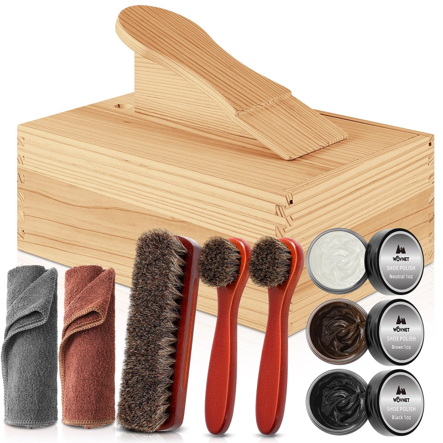 Wovnet 9 Pcs Shoe Shine Valet Box Including 1 Wooden Storage Box, 3 ...