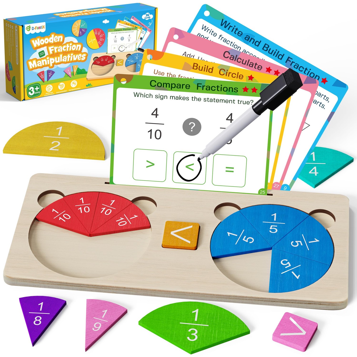 D-FantiX Wooden Fraction Educational Puzzle, Wood Fraction Tiles ...