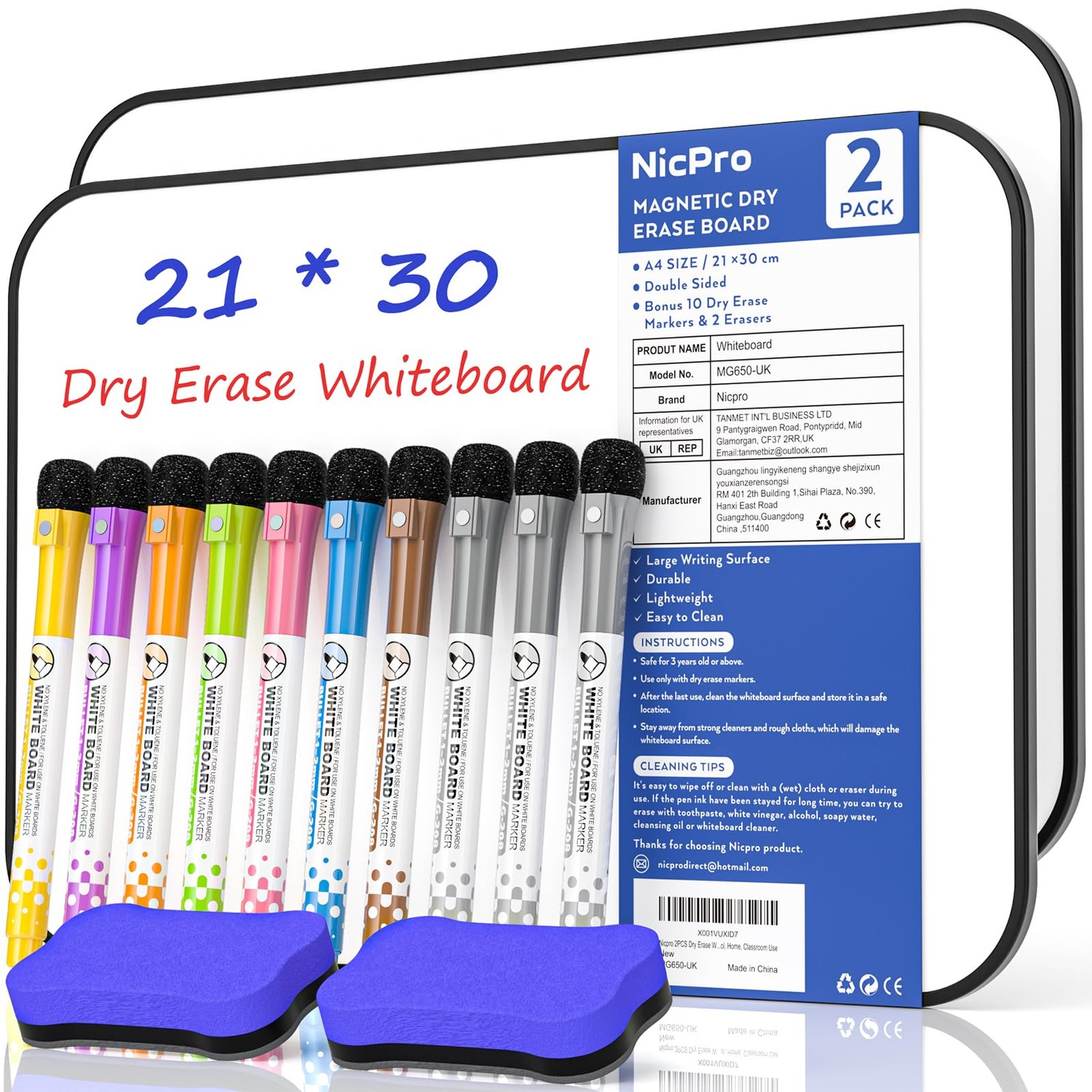 Nicpro 2 Pack Dry Erase Whiteboard A4, Magnetic Double Sided 21 x 30 cm ...