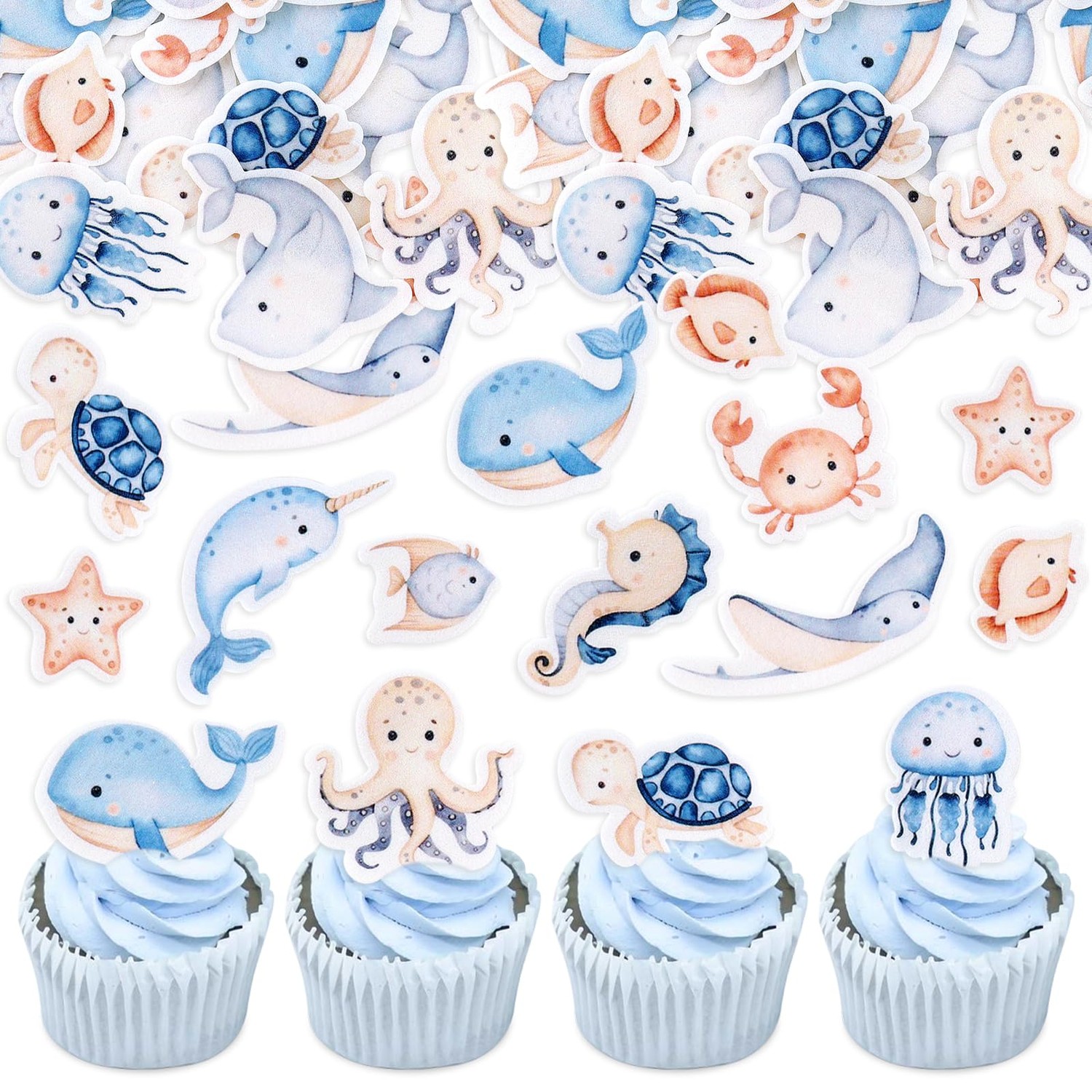 48PCS Edible Ocean Sea Animal Cupcake Topper Glutinous Rice Paper ...