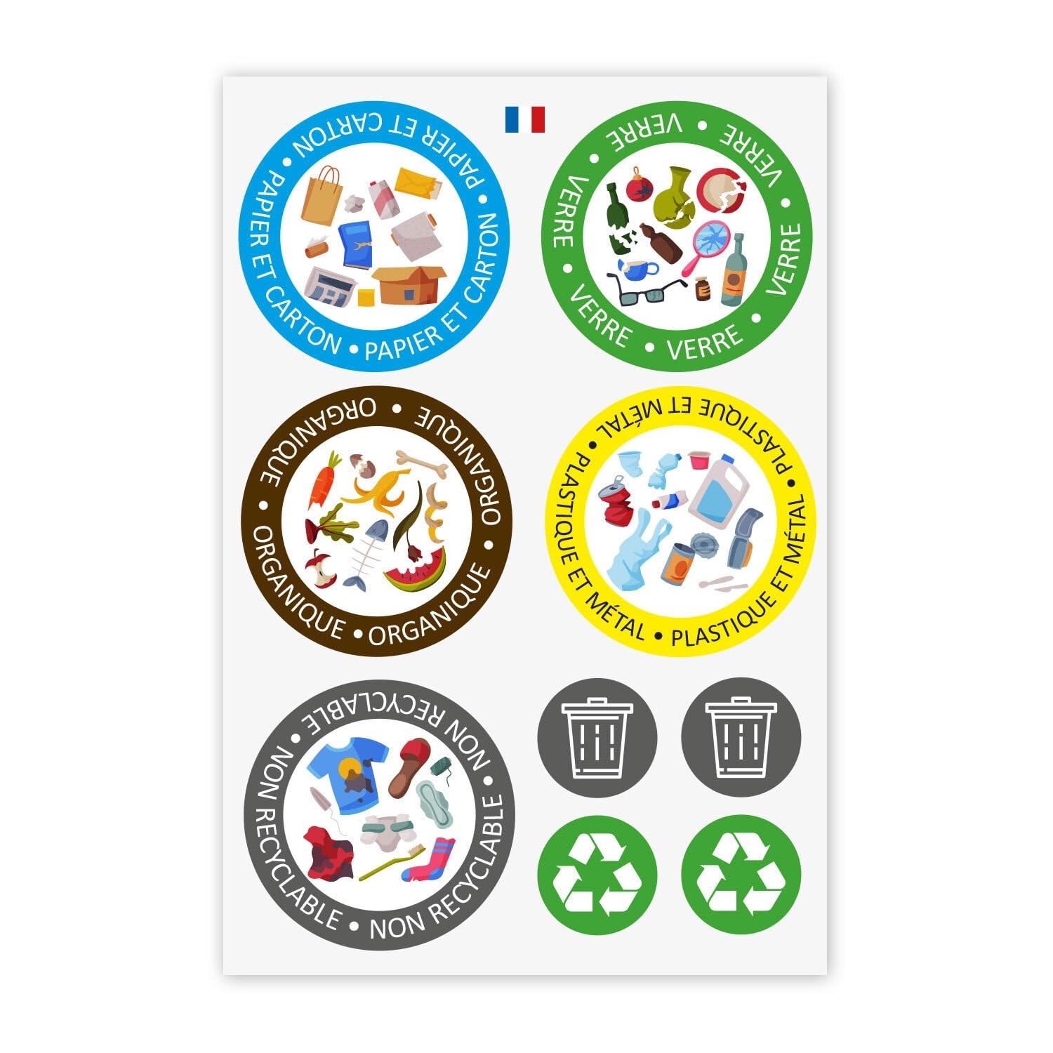 younikat 9 Circular Rubbish Bin Stickers French for Waste Separation I ...