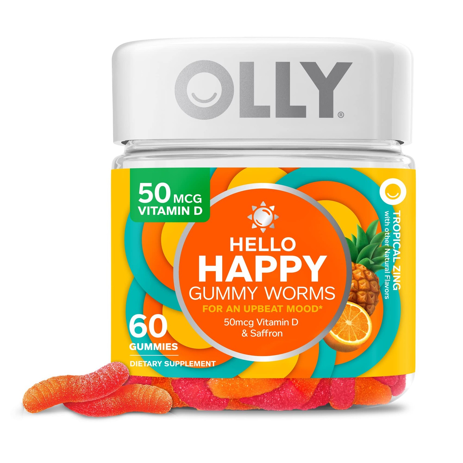 OLLY Hello Happy Gummy Worms, Mood Balance Support, Vitamin D, Saffron ...