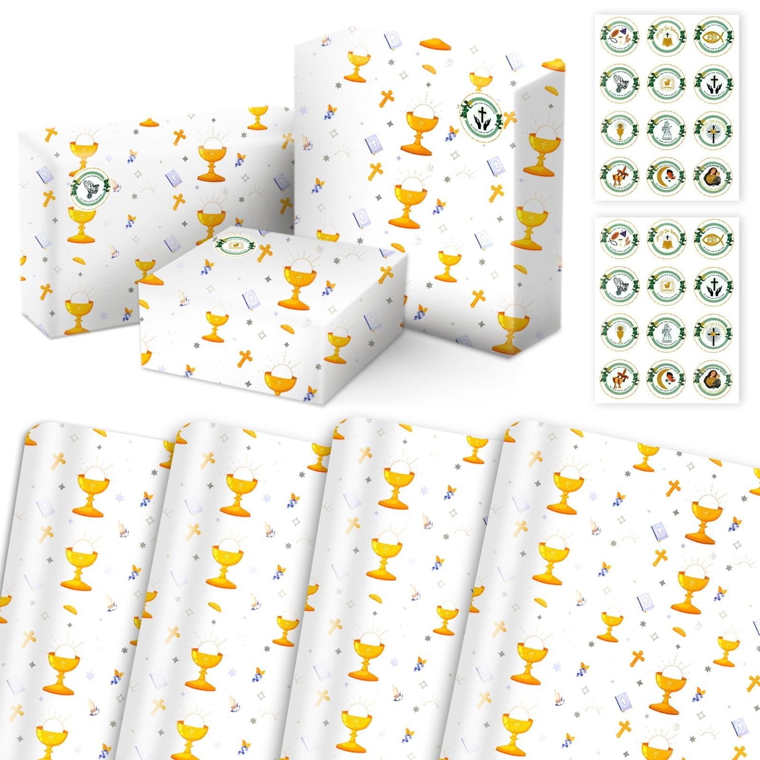 4 Sheets of Wrapping Paper Communion Christening Set with 24 Round ...