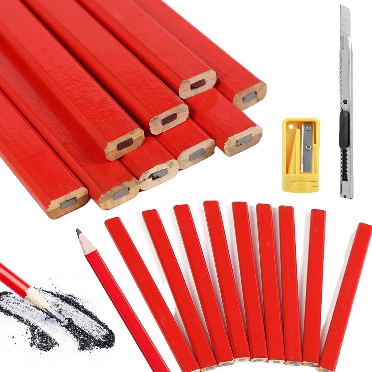 Pack of 16 Red Carpenter's Pencils with Sharpener, 175 mm Carpenter's ...