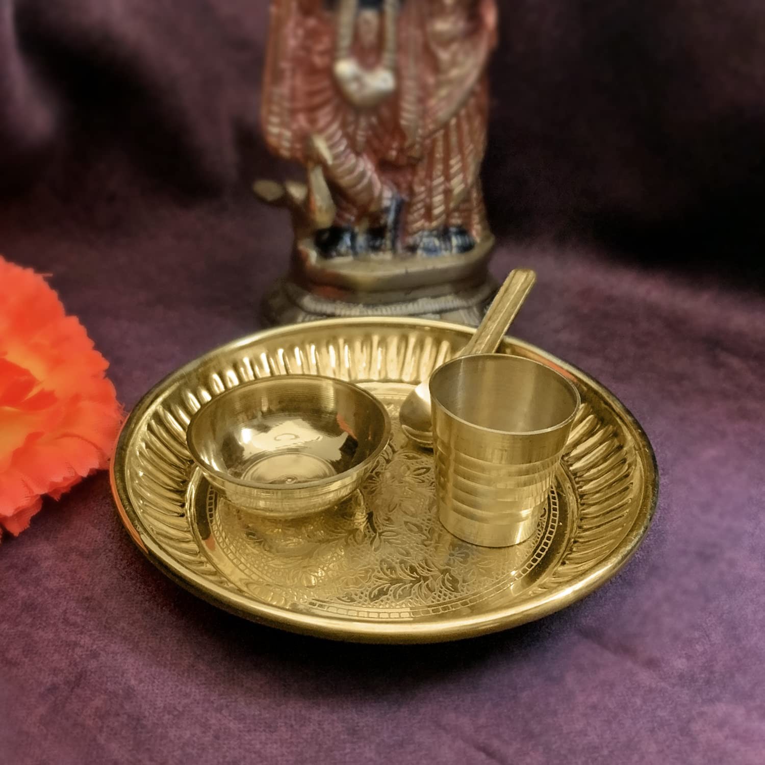 Satvik Brass 4 Pc Bhog Thali Set for Laddu Gopal with Glass, Bowl and ...