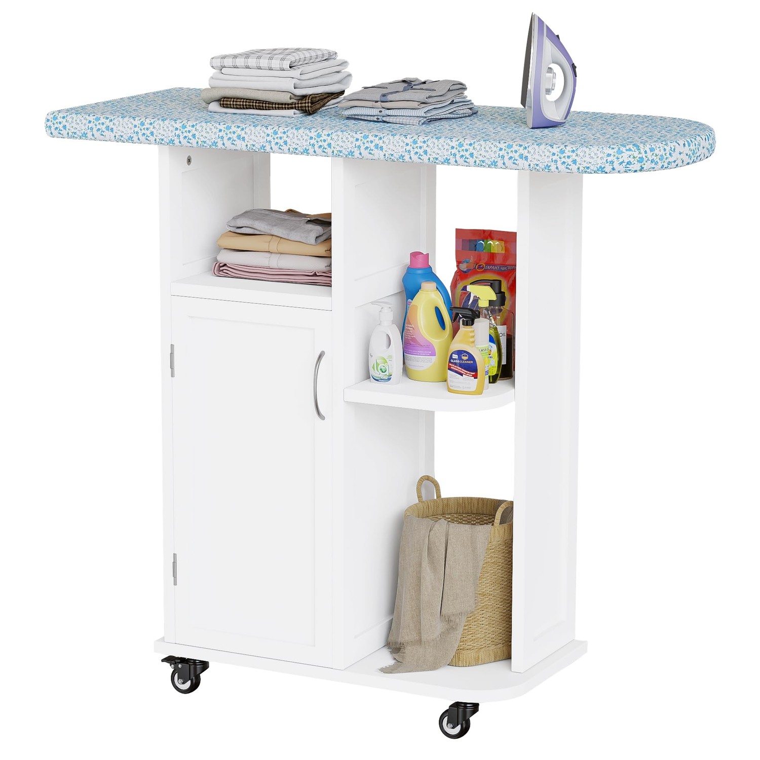 Rolling Ironing Board with Storage Cabinet, Small Ironing Table with ...