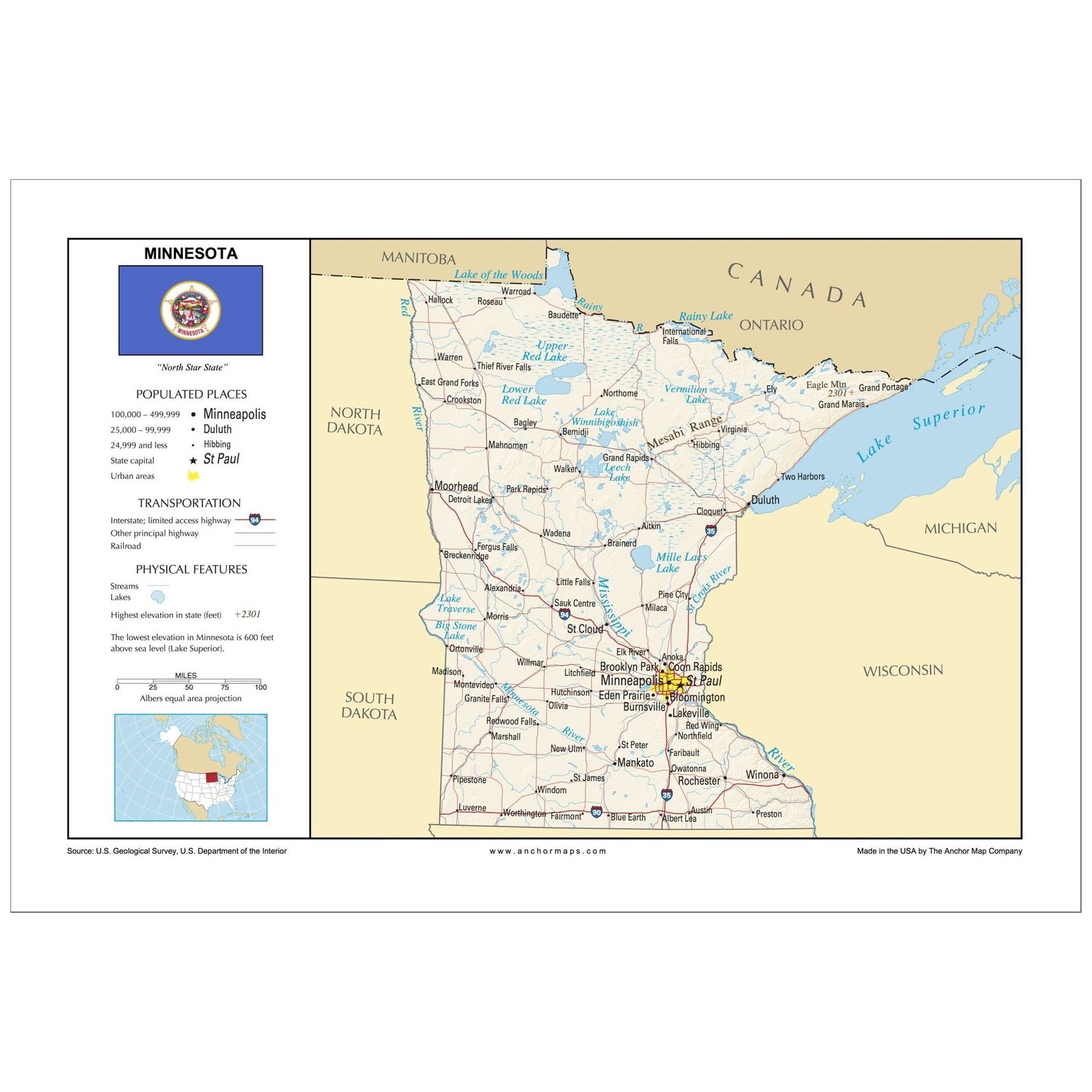13x19 Minnesota General Reference Wall Map - Anchor Maps USA ...