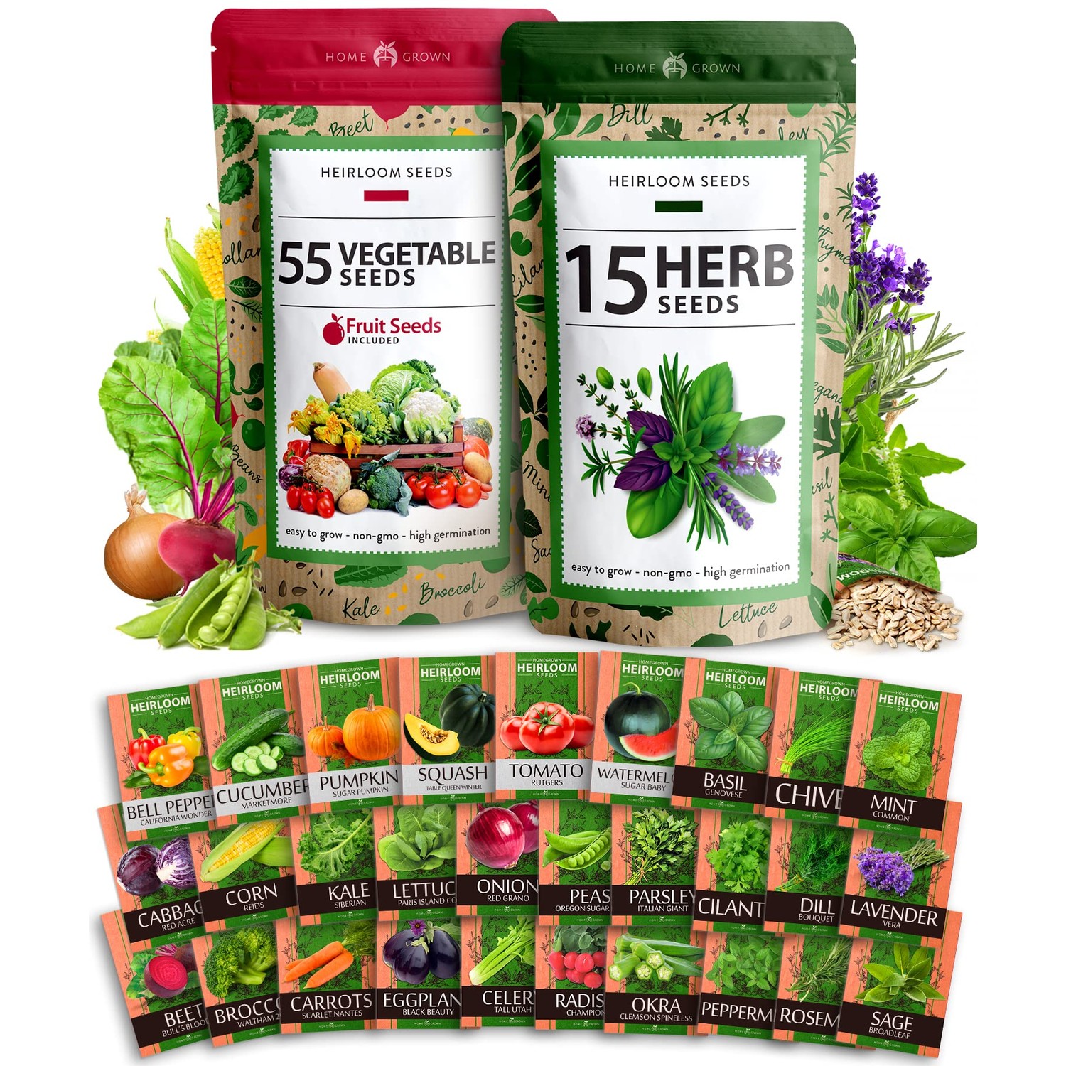 HOME GROWN 70 Variety Vegetable & Herb Seeds – 32,000+ USA Non-GMO ...