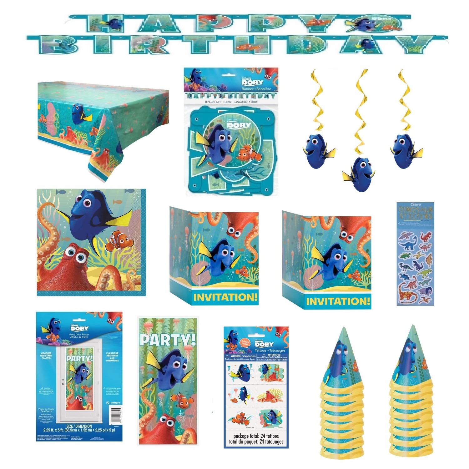 Finding Dory Birthday Party Supplies Bundle includes 1 Table Cover, 16 ...