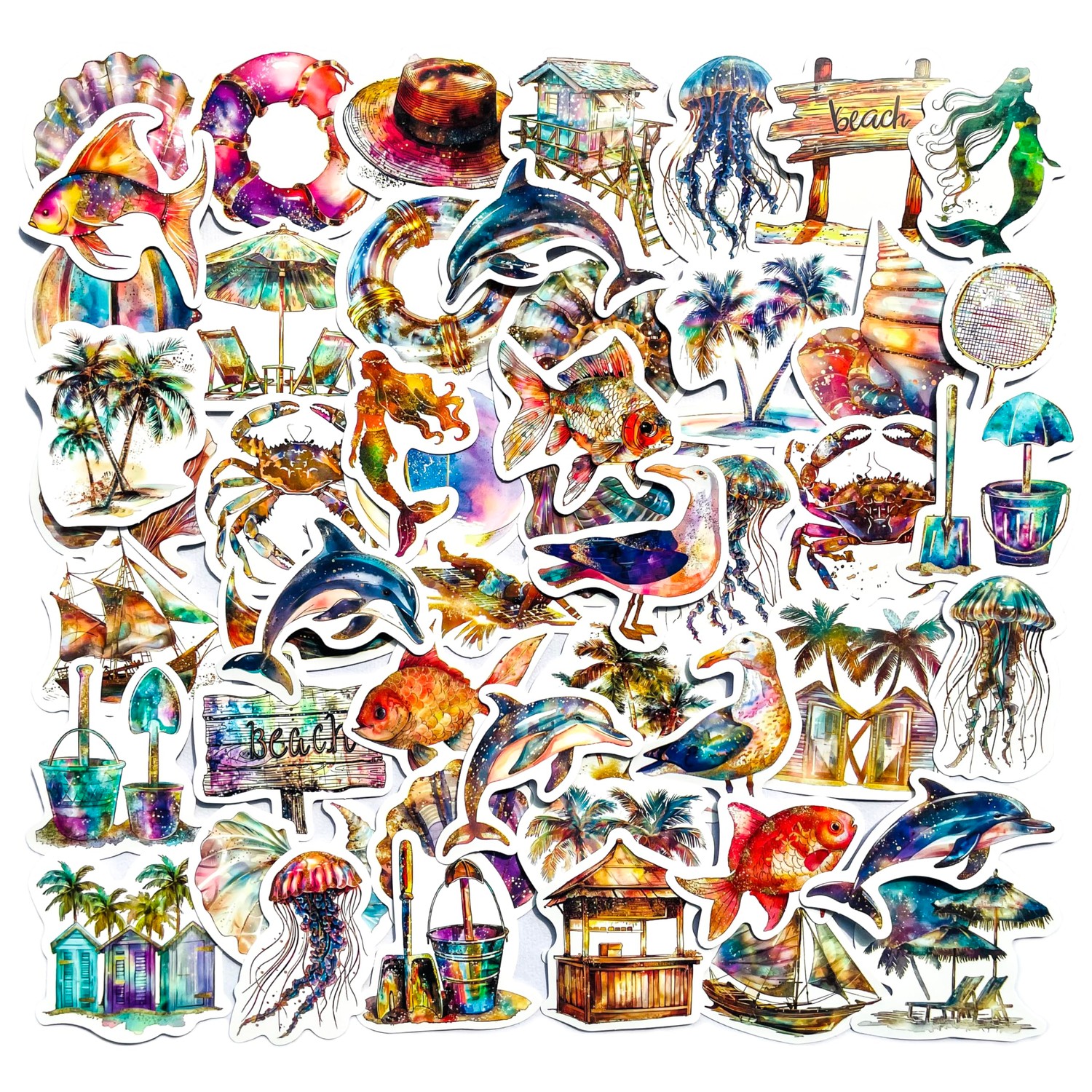 50-Piece Beach Watercolor Stickers Pack - Ocean Coastal Designs with ...