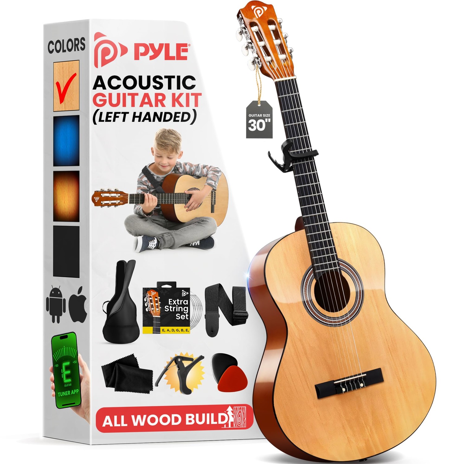 Pyle Left Handed Beginner Acoustic Guitar Kit, 1/4 Junior Size All Wood ...