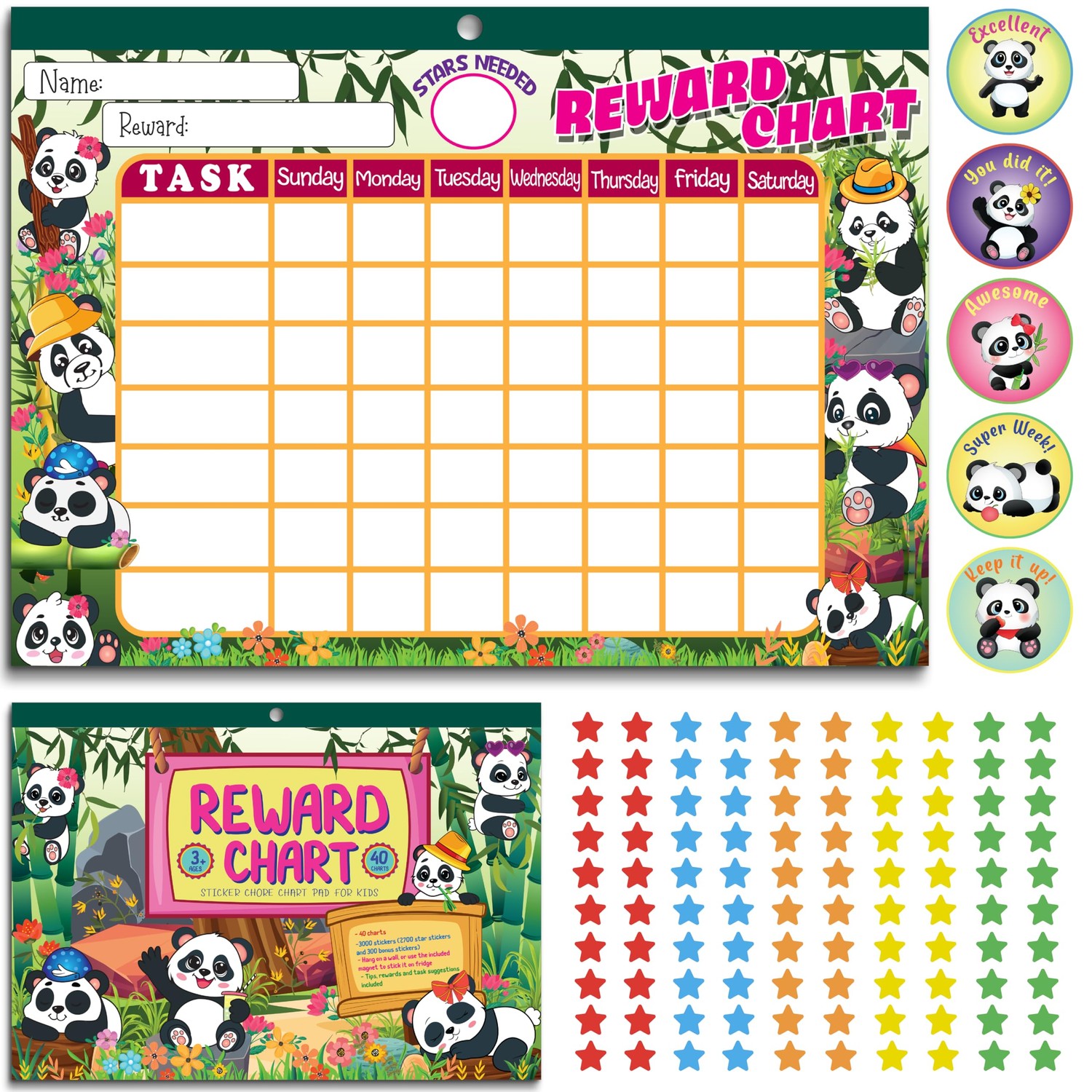 Panda Incentive Reward Chart Pad (12" x 9") 40 Charts & 3000 Stickers ...