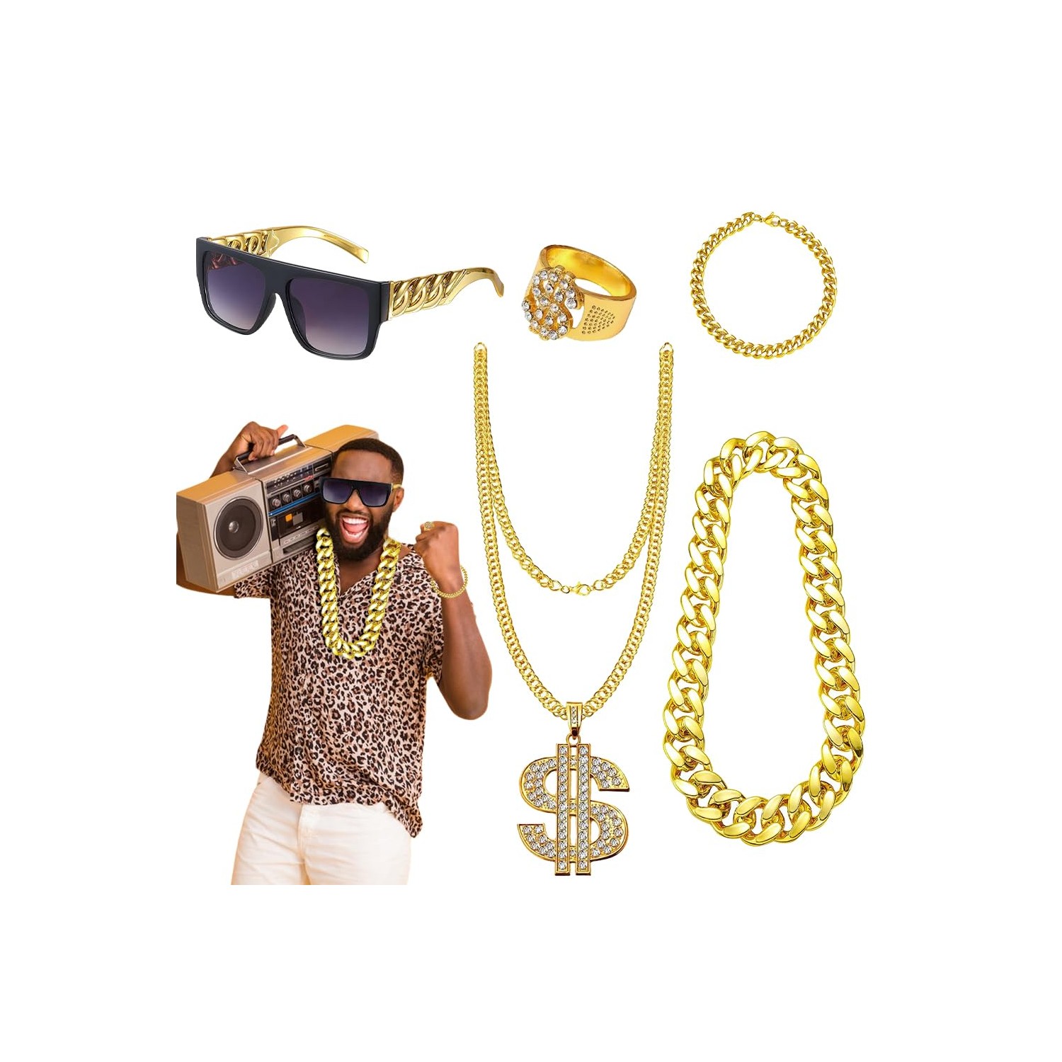 Umllpet 5-in-1 costume golden dollar chain set, 80s 90s outfit ...