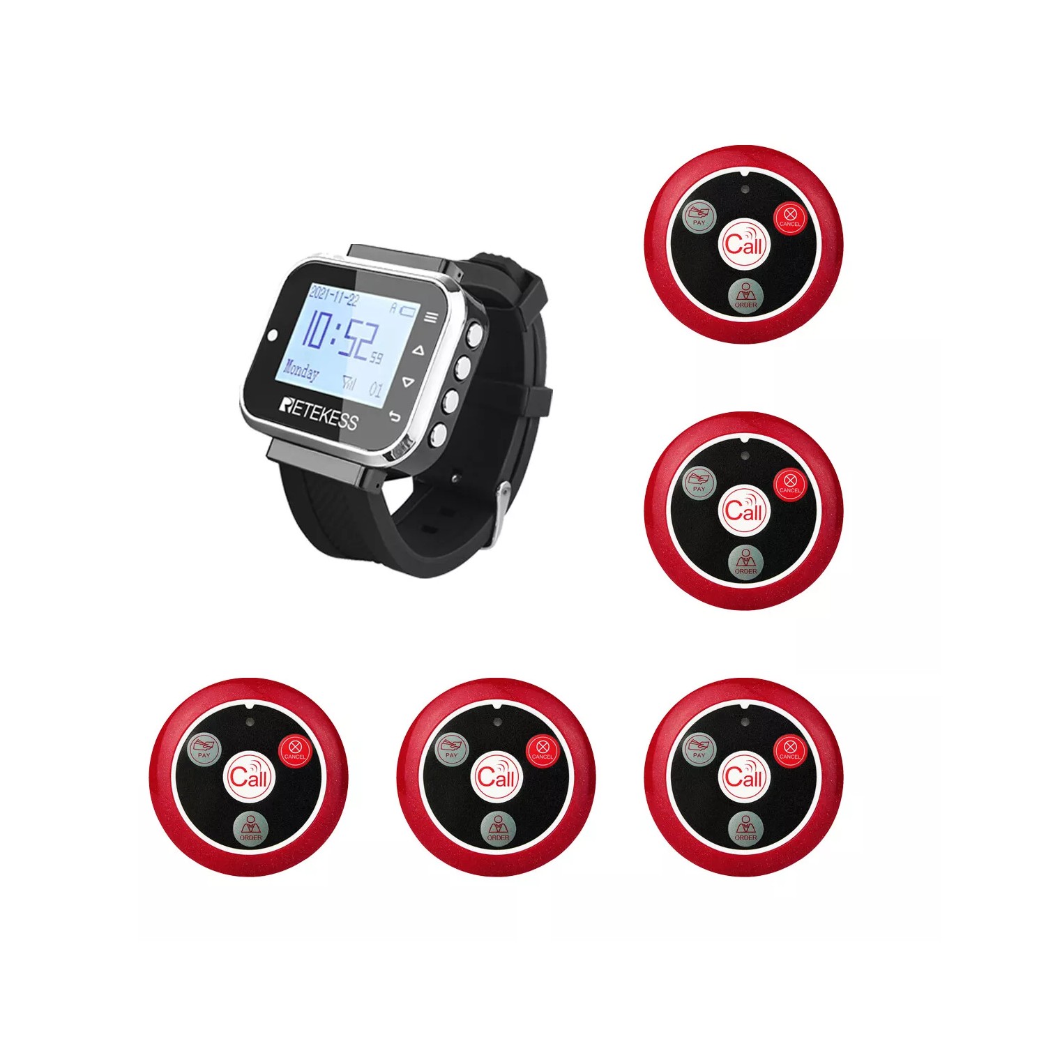Retekess TD110 Wireless Calling System Wrist Watch 5 Alert Button Home ...