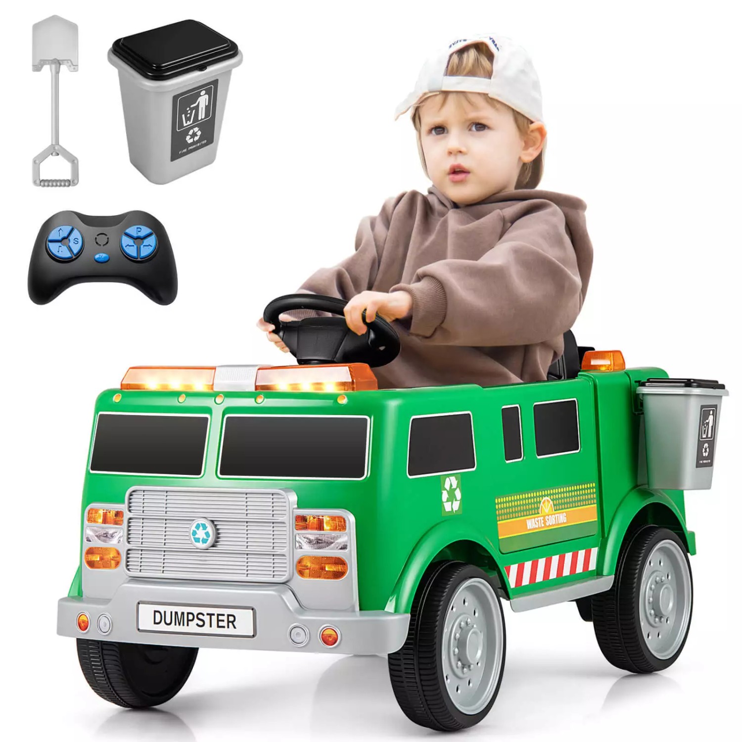 Costway Ride on Garbage Truck with Remote Control Trash Bin Shovel ...
