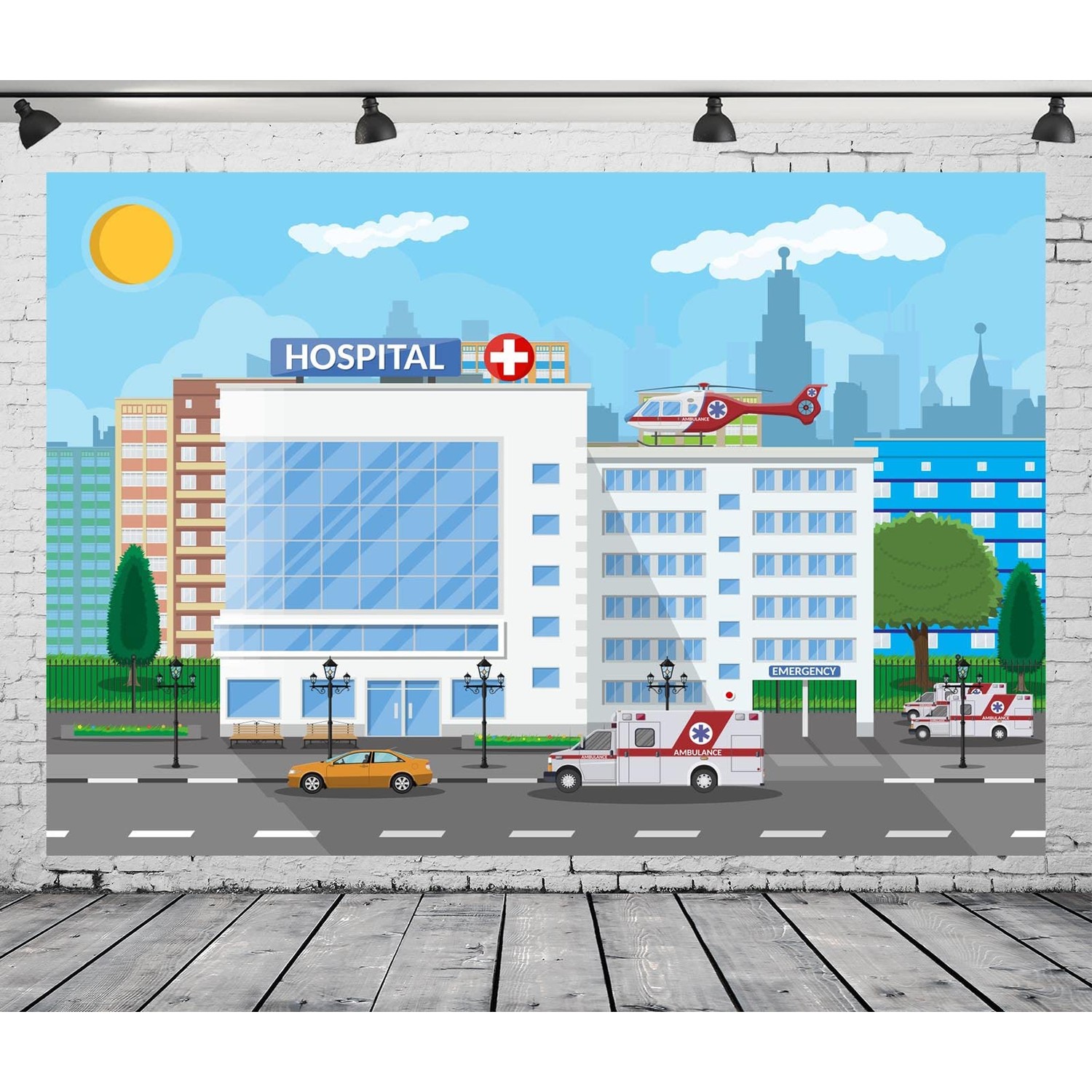 CORFOTO 7x5ft Fabric Cartoon Hospital Backdrop Photography Ambulance ...