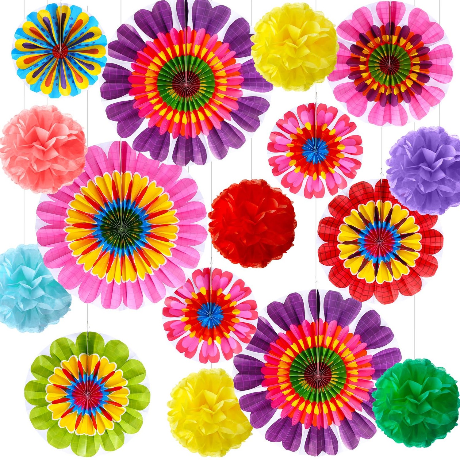 21 Pcs Spring Flower Hanging Paper Fans Decorations Flower Paper Fans ...