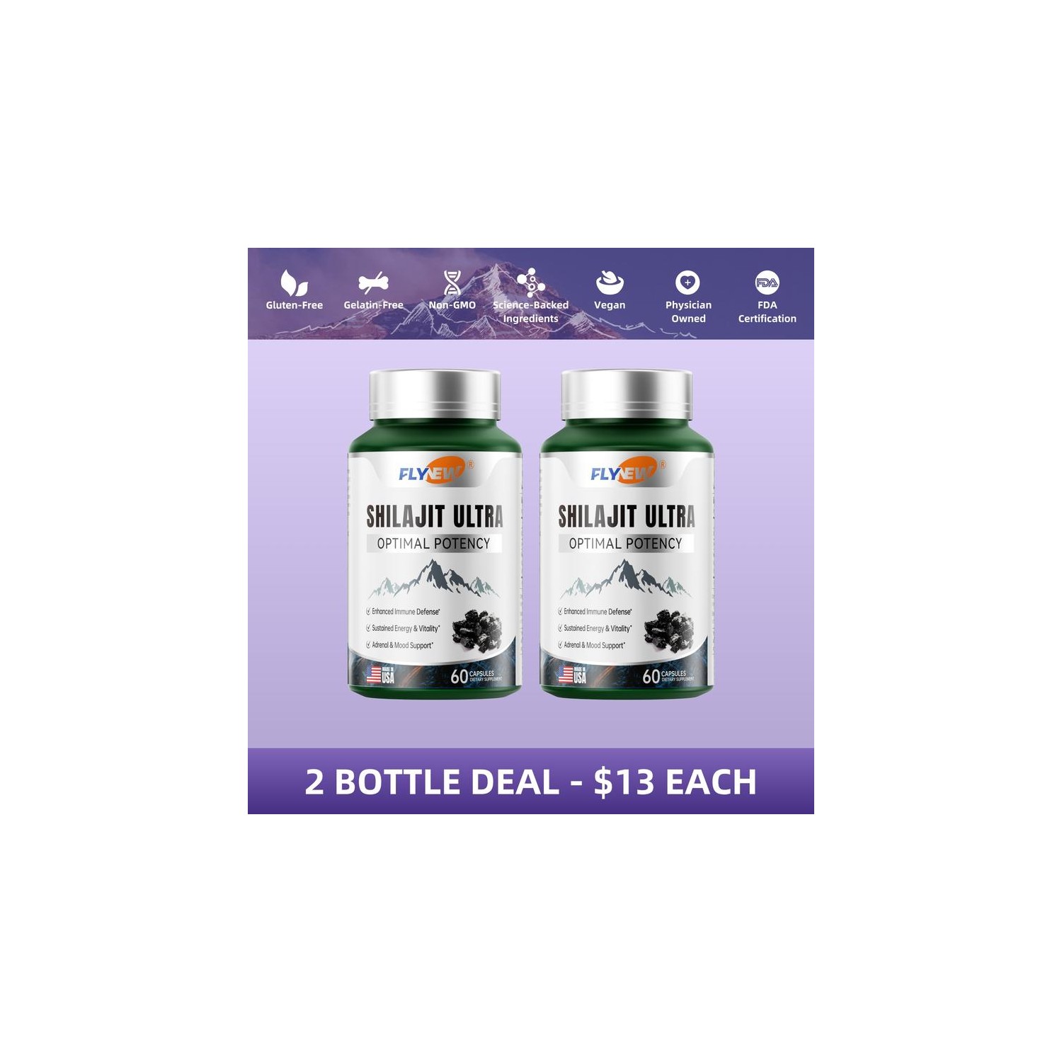 FlyNew Optimal Potency Shilajit Ultra 60 Capsules - Made in USA with ...