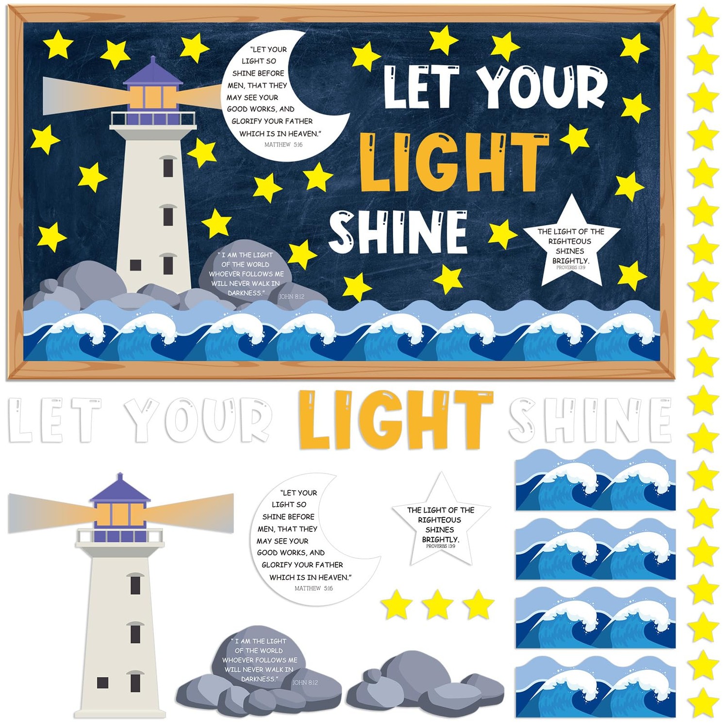 Mooliwe 88 Pcs Let Your Light Shine Bulletin Board Set Christian ...