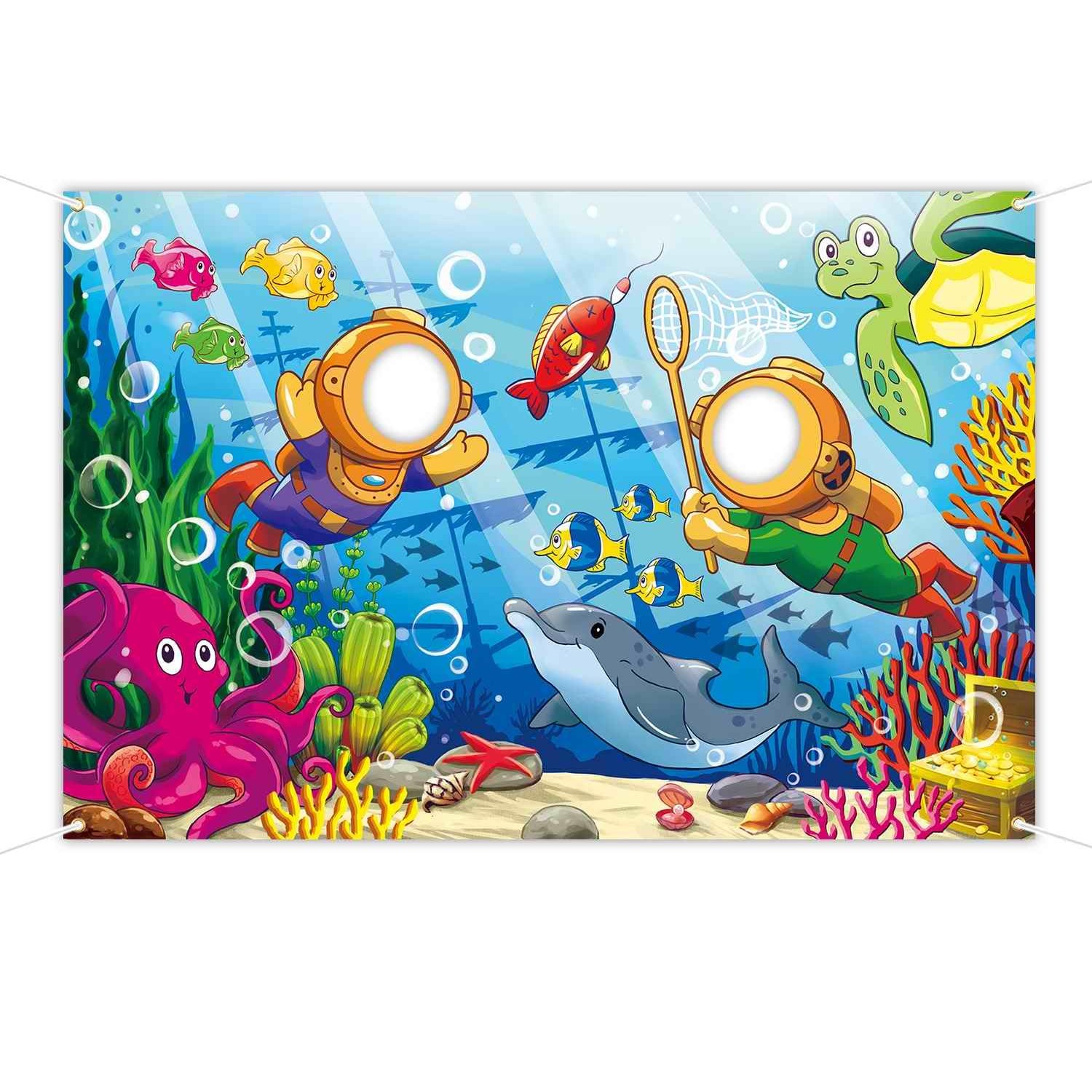Cartoon Undersea Diving Face in Hole Backdrop 5 x 3.3 ft, Underwater ...