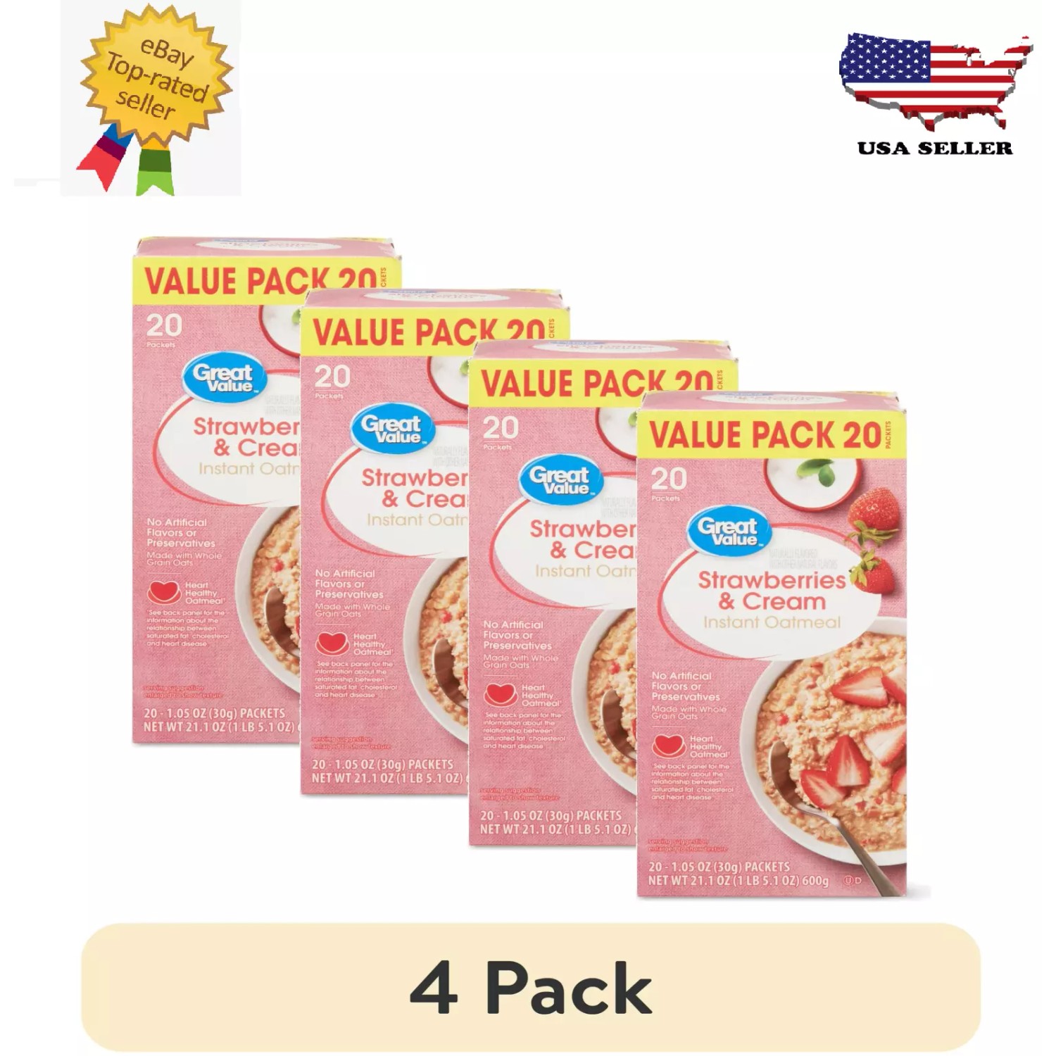 Great Value Strawberries & Cream Instant Oatmeal, 1.05 oz, 20 Packets ...