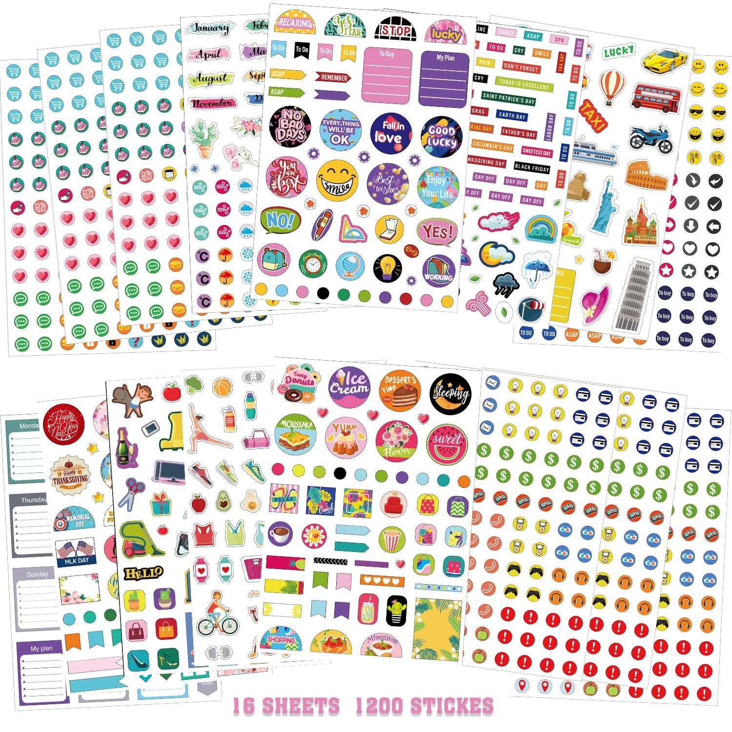16 Sheets Planner Sticker Set, Over 1200 Different Mini Symbols Daily ...