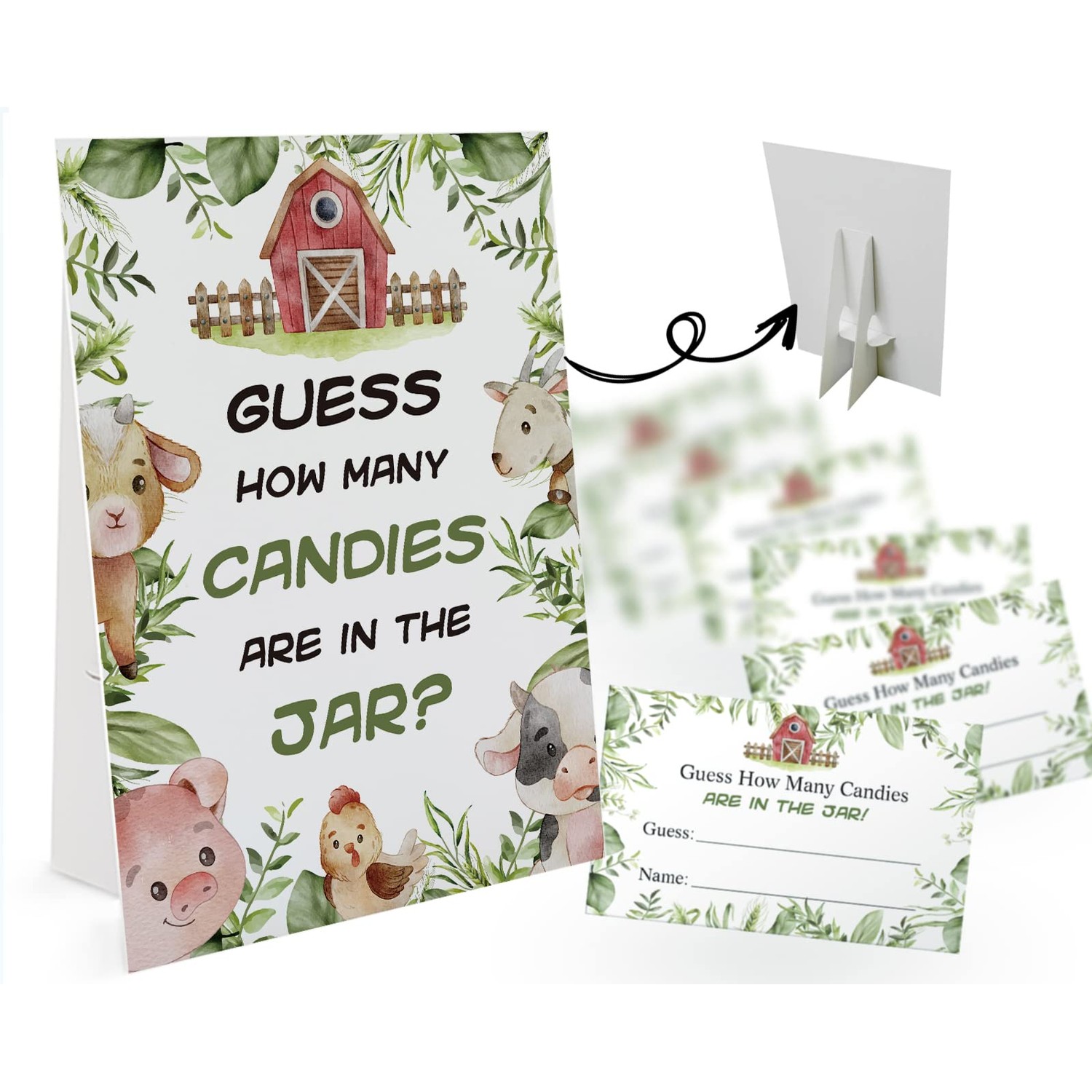Candy Guessing Game Cards-1 Sign 8x11" and 50 Cards, Farm Animals Guess ...
