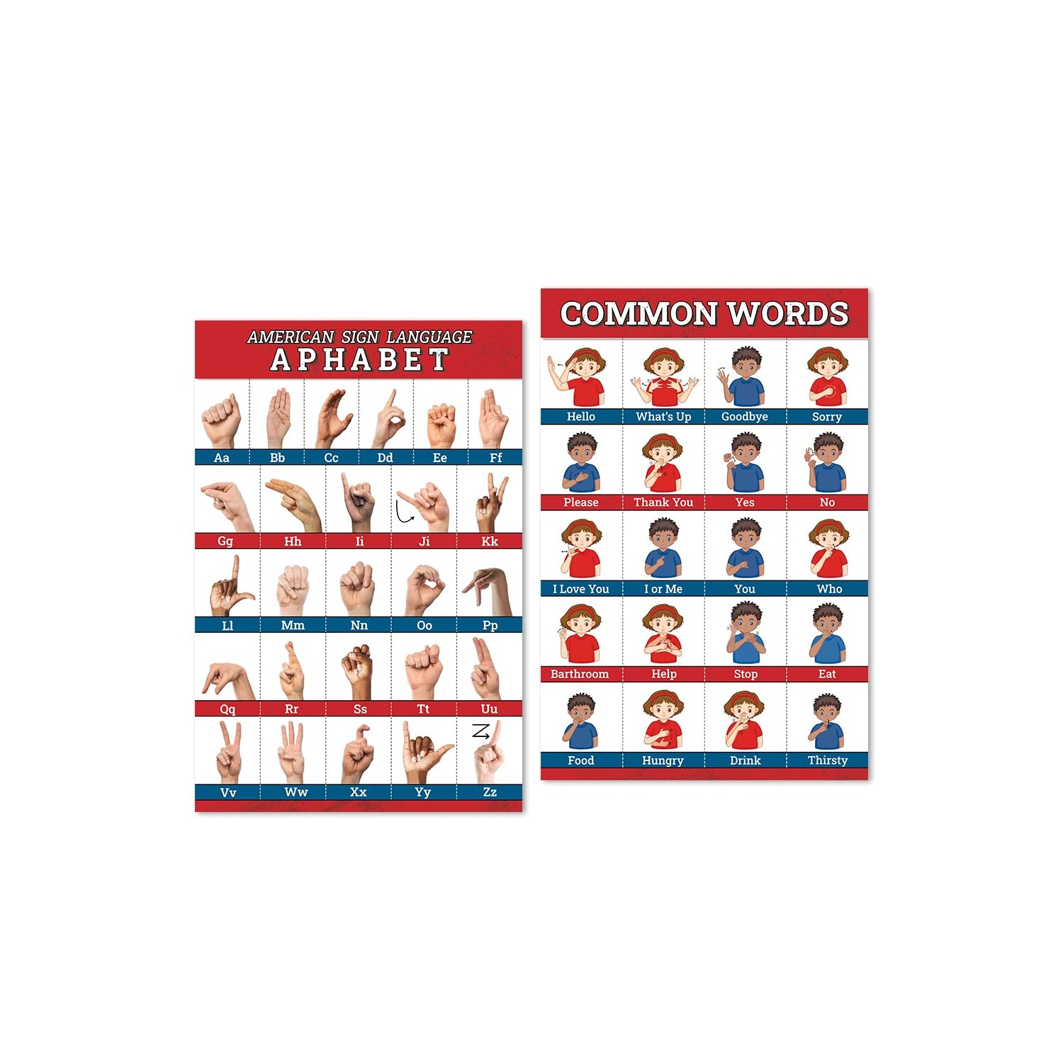 2Pcs American Sign Language Poster, ASL Alphabet Poster, Basic Signs ...