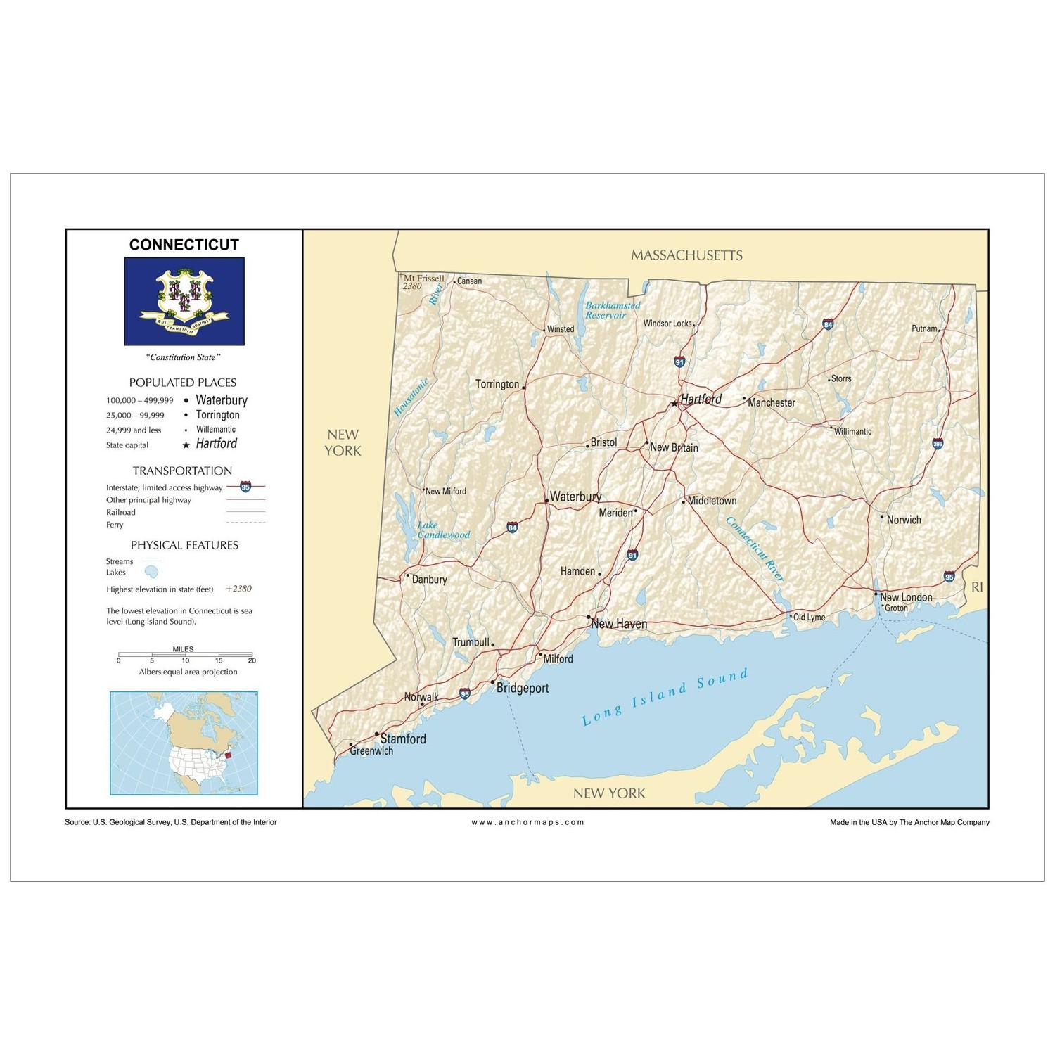 13x19 Connecticut General Reference Wall Map - Anchor Maps USA ...
