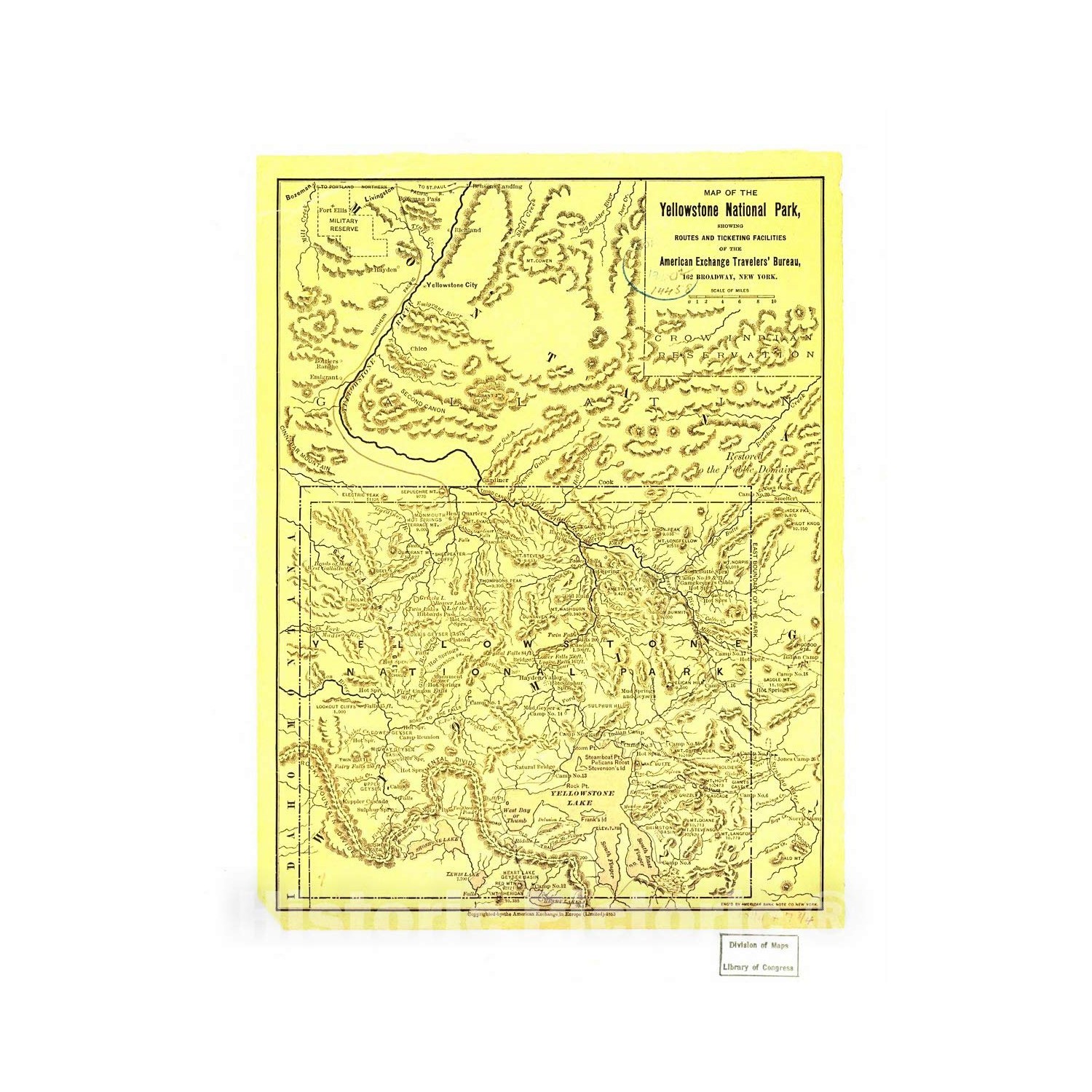 Historic 1883 Wall Map - Map of The Yellowstone National Park, Showing ...