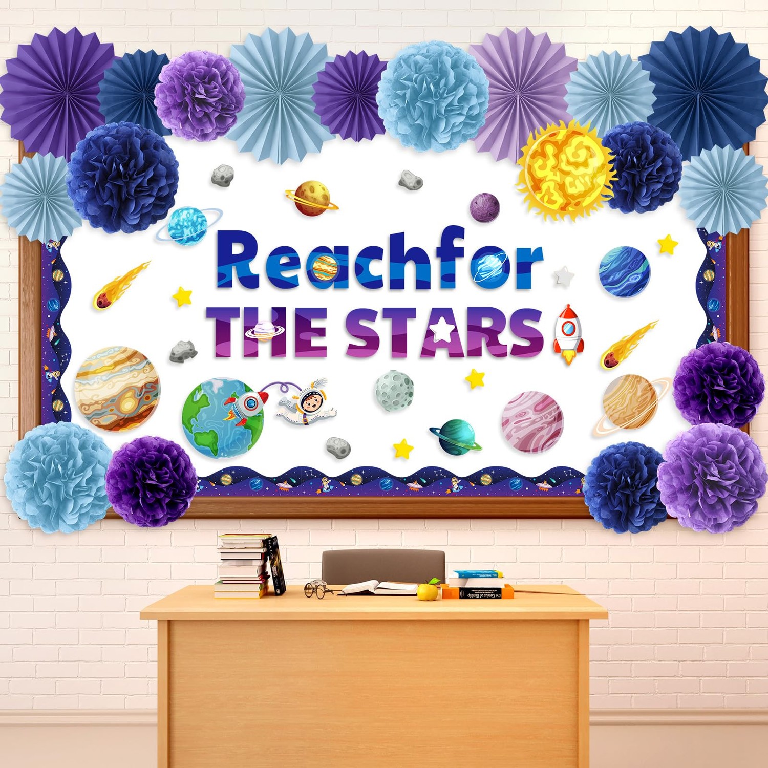 Funrous Outer Space Bulletin Board Decorations with 3D Blue Purple ...