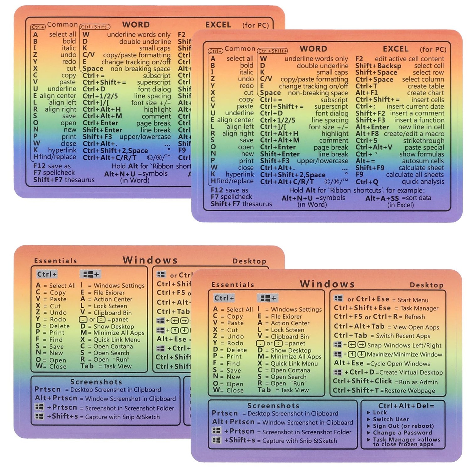 4pcs Windows Shortcut Sticker, Excel Cheat Sheet, Shortcut Stickers for ...