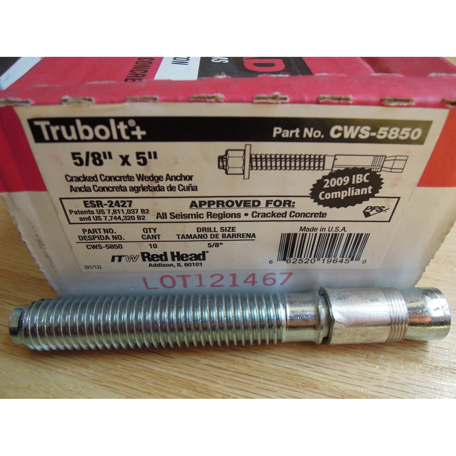 RedHead Box of 10 CWS-5850 Red Head Trubolt Seismic 5/8" x 5" Concrete ...