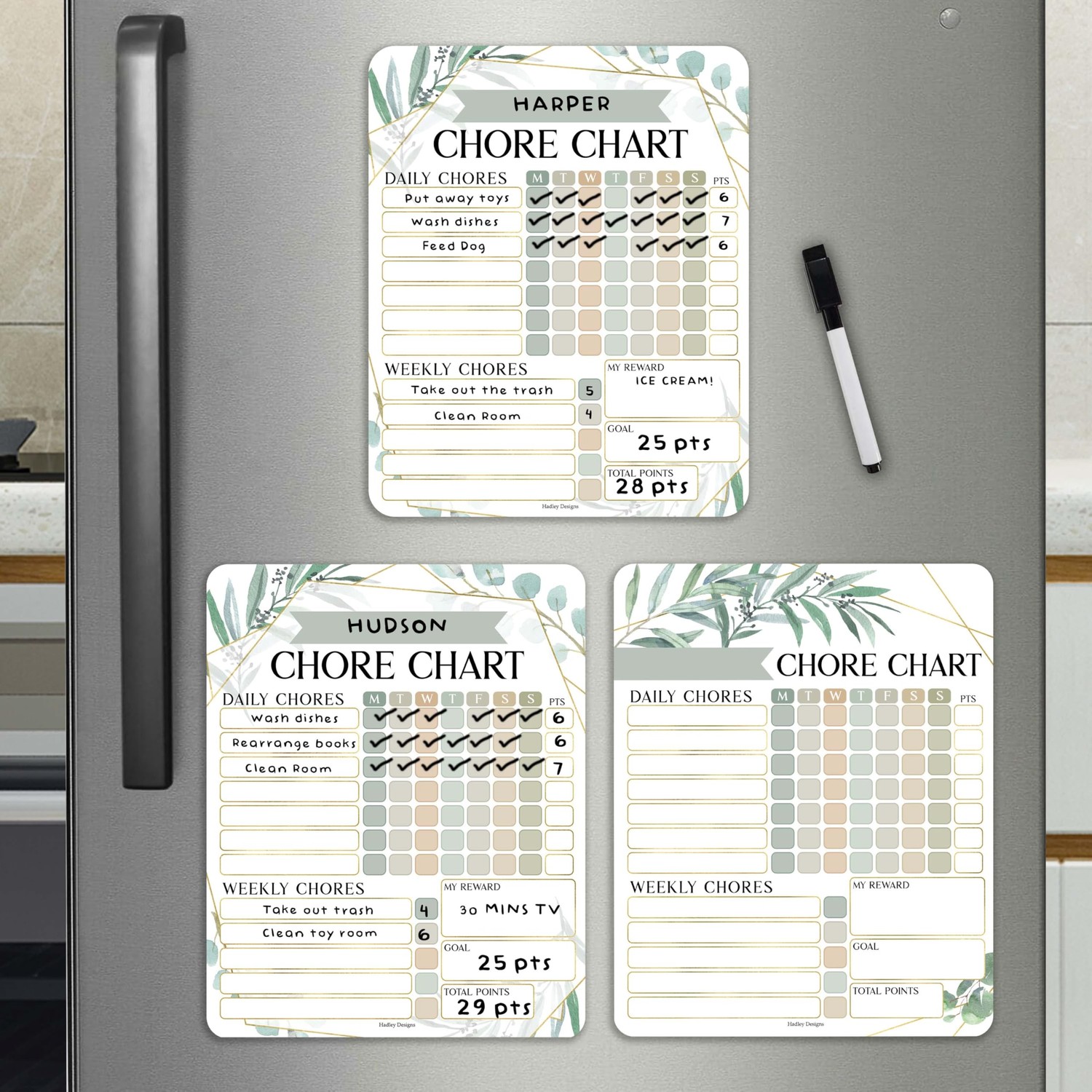 3 Greenery Dry Erase Chore Chart for Kids Multiple Kids - Kids Chore ...