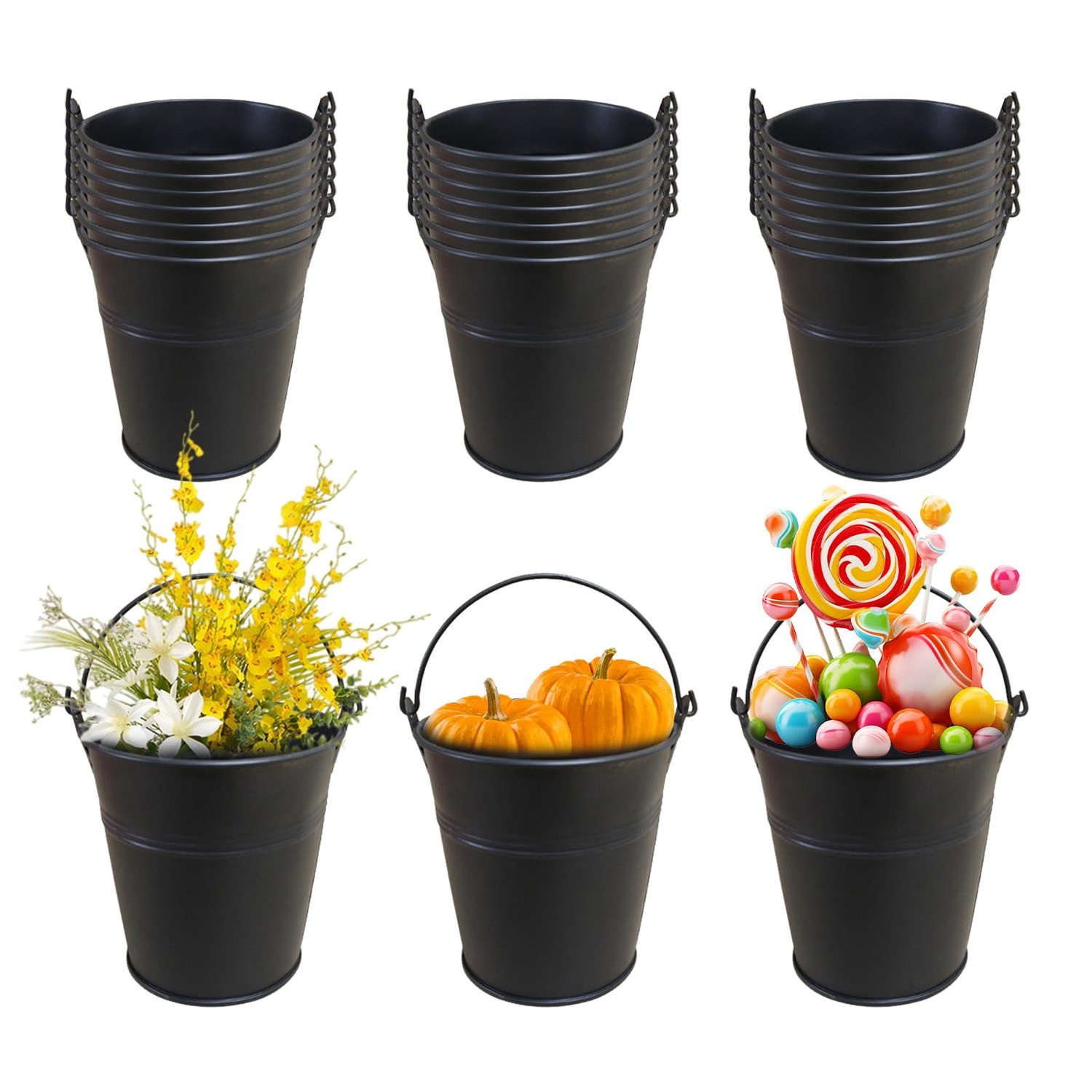 24 Packs Mini Metal Buckets with Handles,5 x 3.5 x 4.7 Inch Black Mini ...