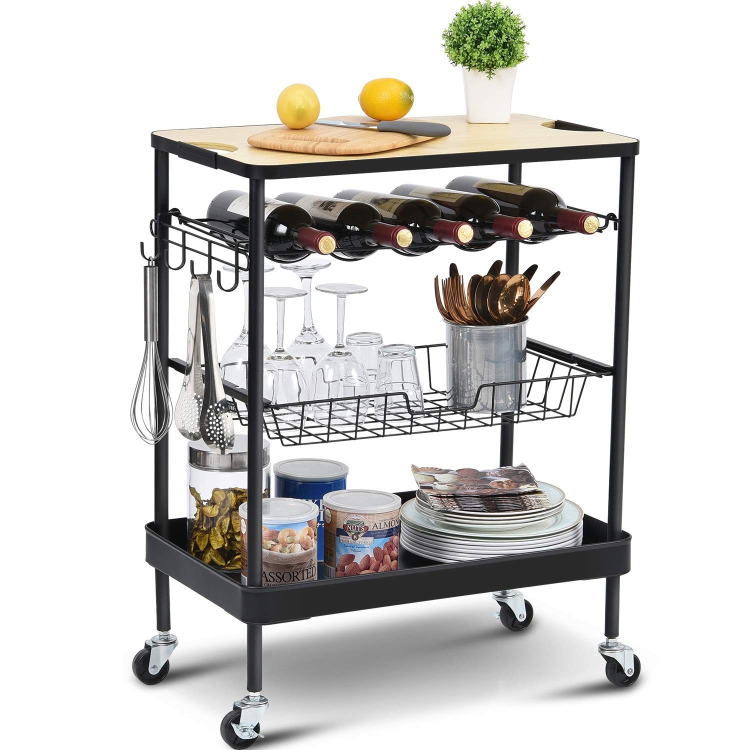 KINGRACK Kitchen Island Storage Trolley with Wine Rack, Serving ...