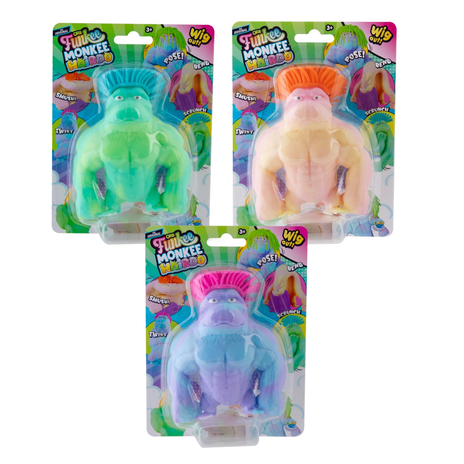 ORB Funkee Monkee Squishy Monkey Mega Short Hairdo 3 Pack - Stretchy ...